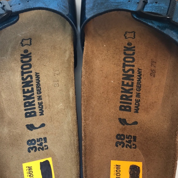 Birkenstock | Shoes | New Birkenstock Blue Metallic Slide Comfort ...